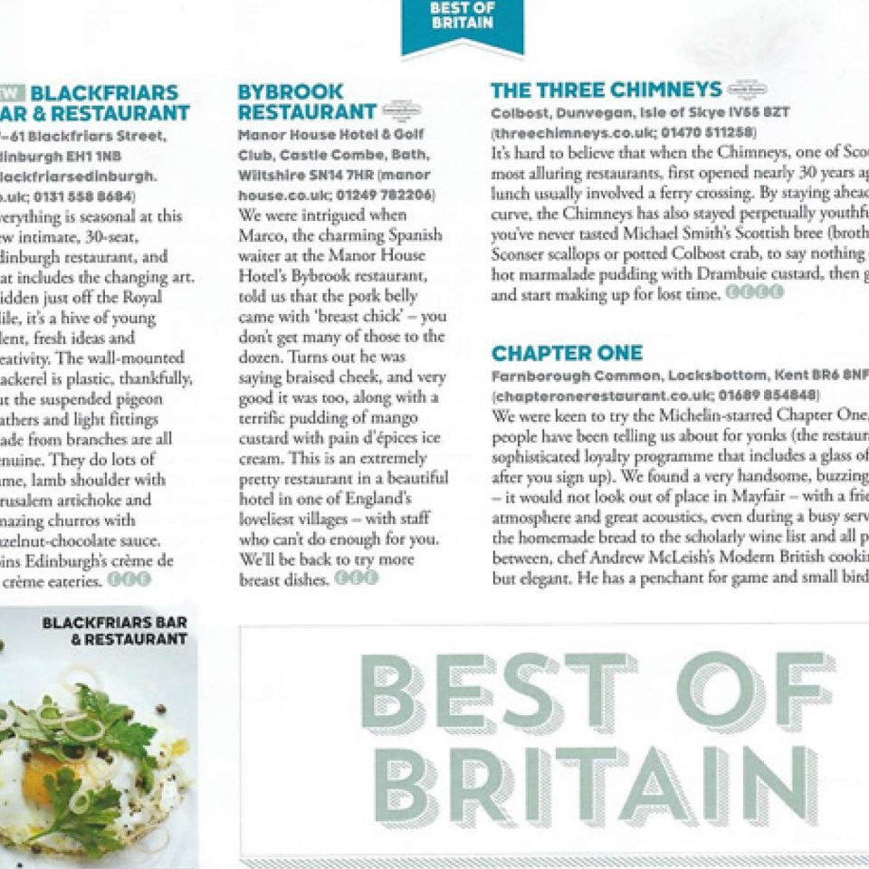 Tatler Guide - Best of Britain at Chapter One Restaurant Kent